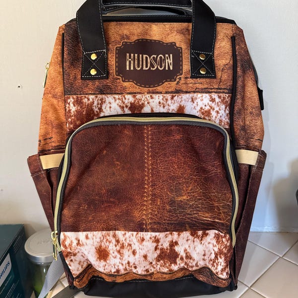 Personalized Cowhide Print Diaper Backpack | Custom Cow Print Baby Bag ...