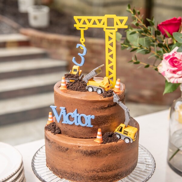 Personalised Construction Birthday Cake Topper Set: Crane, Age & Name ...