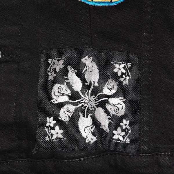 Rat King- Silver Screen Print Fabric Patch 8x8cm- Goth, Rat Lover Gift ...