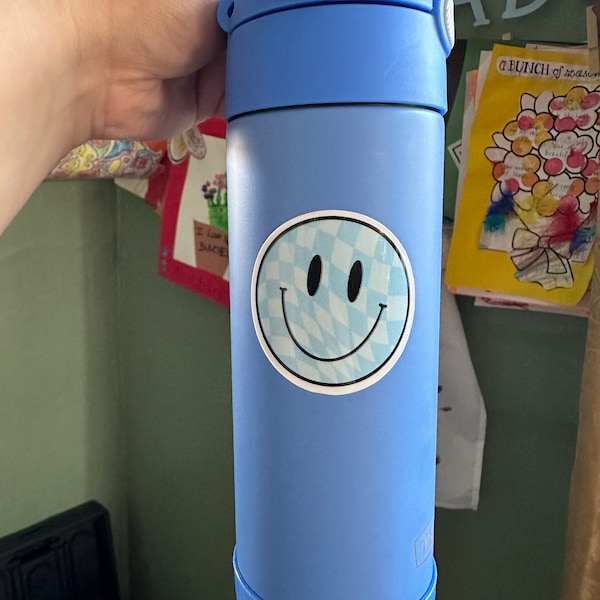 Wavy Checkered Smiley Face Waterproof Sticker: Laptop, Water Bottle (2 ...