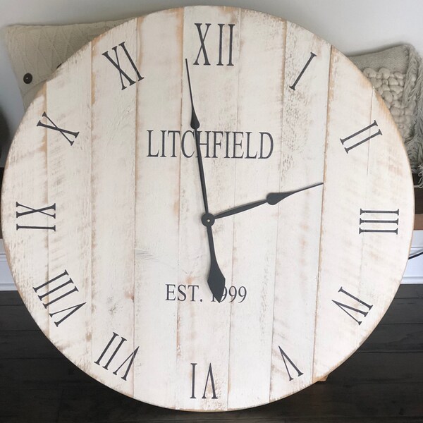 Large Wall Clock / Rustic Grey With Roman Numerals / Made From Rough ...