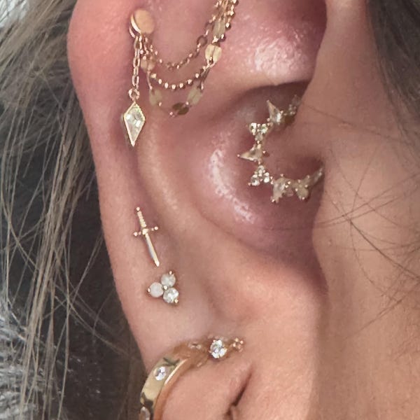 14k Solid Gold Tiny Five Dot Cartilage Stud Five Beads Conch Cartilage ...