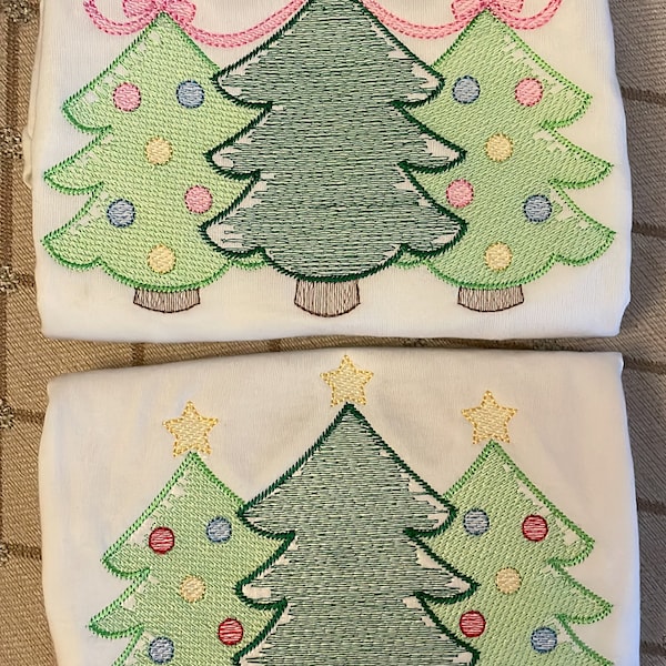 BUNDLE Christmas Tree Trio With Bows & Stars Watercolor Sketch Stitch ...