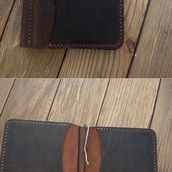 Leather Money Clip Wallet With Metal Spring, Handmade Card Holder With ...