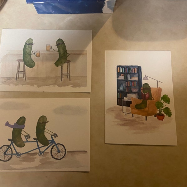 Whimsical Pickle Reading a Book in Library Book Nook Watercolor Art ...