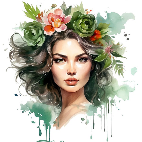 Watercolor Young Woman Clipart, 10 Flower Faces Clipart Bundle ...