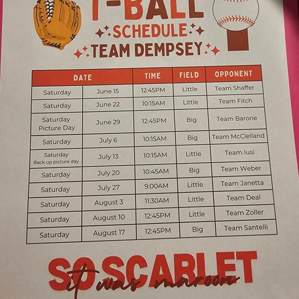 Editable T-ball Schedule Template | Youth Sports Practice Planner ...