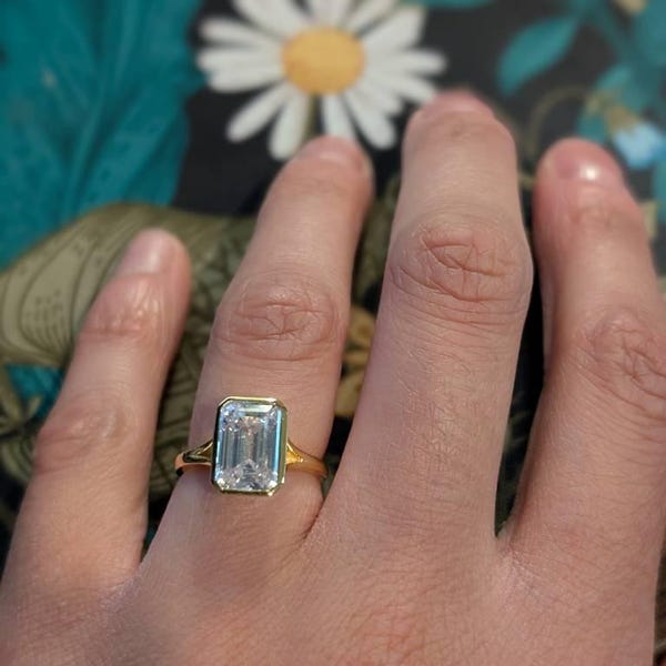 2 CT Emerald Cut Moissanite Engagement Ring, Three Stone Wedding Ring ...