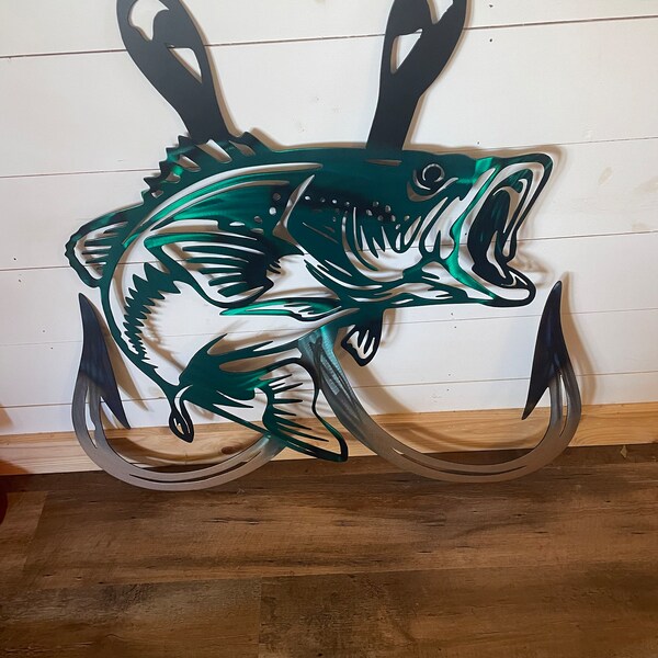 Metal Bass Fish With Hooks Plasma Cut Sign Art Fishing Art Gone Fishing ...