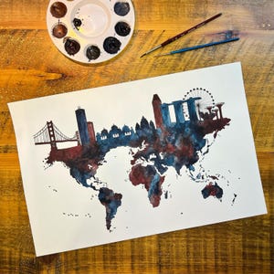 12x18 Original Watercolor Pacific Ocean Centered World Map (NOT A PRINT ...