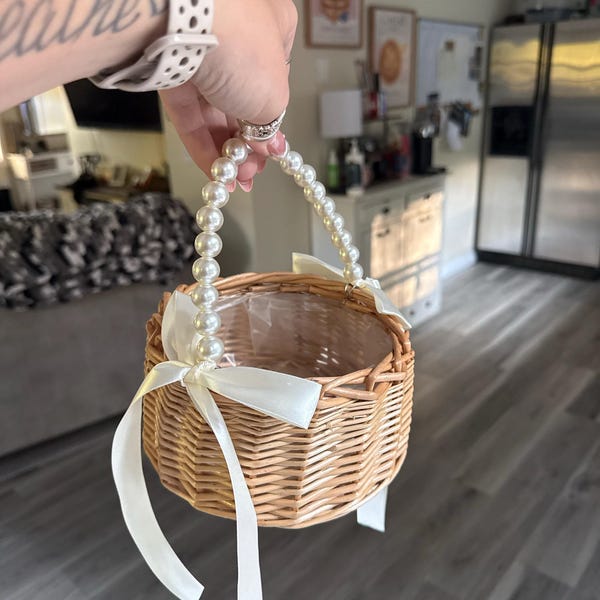 Rustic Flower Girl Basket With Pearl Handle | Wedding Ceremony Petal ...