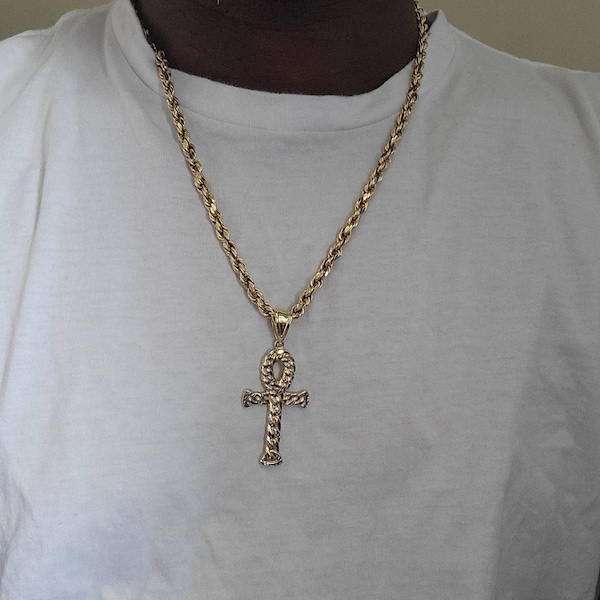 2.5" Huge Ankh Cross Jesus Pendant Charm Diamond Cut Real 10K Yellow ...