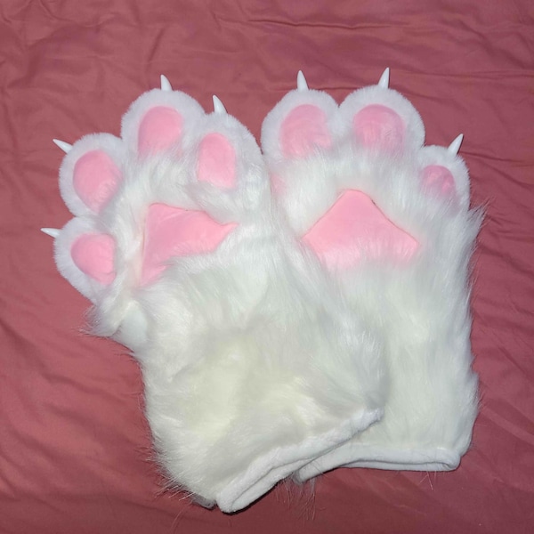White and Purple Wolf Paw Gloves, Fluffy Kitten Fursuit Paws, Fox Paw ...