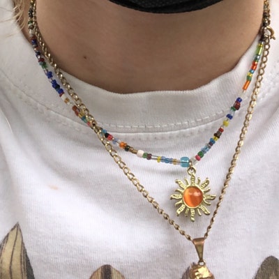 Gold Sun Pendant Choker,sun Necklace,beaded Choker,beaded Necklace ...