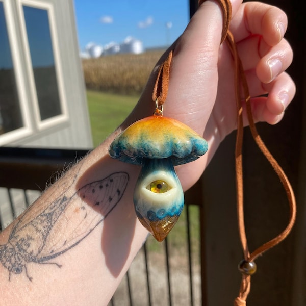 Petite Cherry Blossom Fairy Amanita Glow in Dark Teal Mushroom Pendant ...