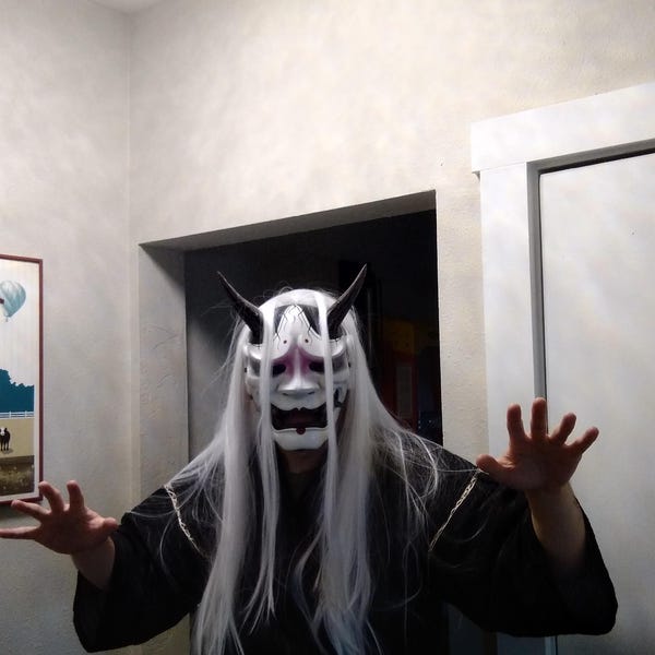 Japanese Hannya Mask: Crying Hannya, White and Black Samurai Mask ...