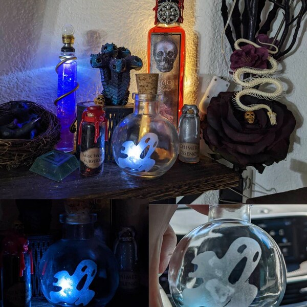 Ghost Etched Bottle With Cork and Lights- Ghost | Halloween | Magick ...