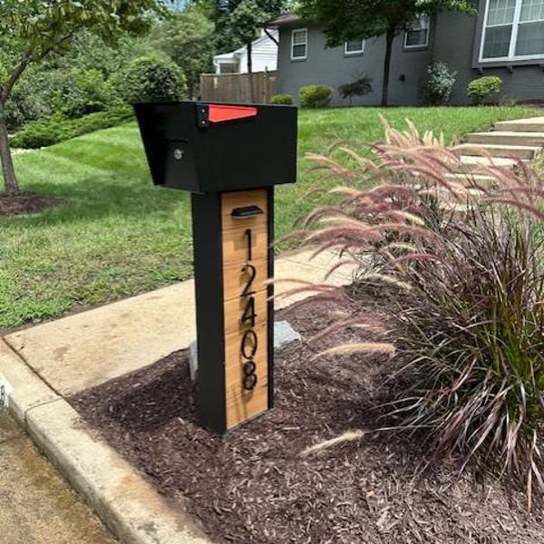 Handmade Modern Cedar Mailbox Post With Address Numbers & Solar Lights ...