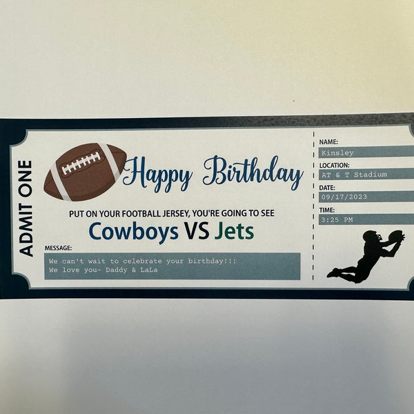 Editable Football Game Ticket, Football Gift Ticket, Dallas Colors ...