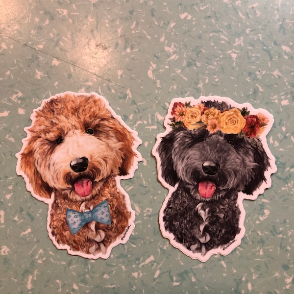 Black Golden Doodle With Flower Crown Vinyl Sticker, Goldendoodle ...