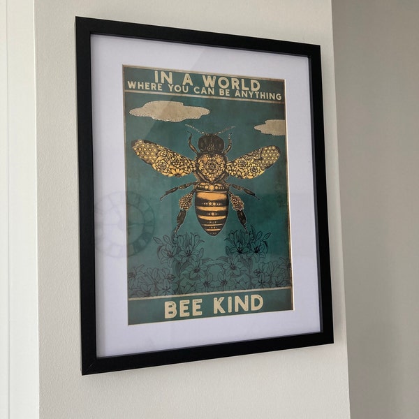 Be Kind Poster, Bee Kind Floral Art Poster, Honey Bee Print, Vintage ...