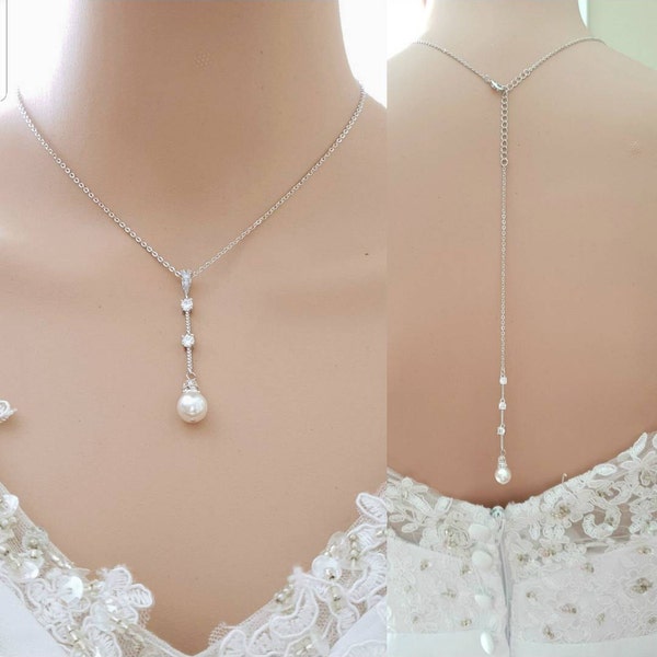 Drop Back Necklace, Simple Wedding Necklace, Bridal Necklace Pearl and ...