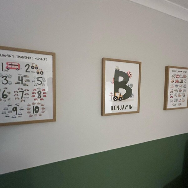 Personalised Set of 3 Transport Posters, Vehicle Alphabet and Numbers ...