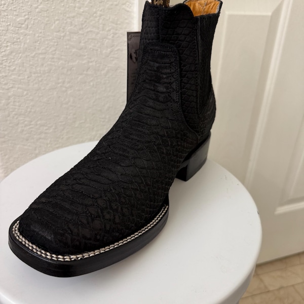 MENS COWBOY Boots Black Nubuck Snake Skin Square Toe Half Boots ...