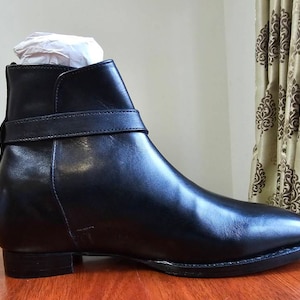 Men's Elegant Blue Leather Knee-high Boots | Handmade Pointed-toe ...