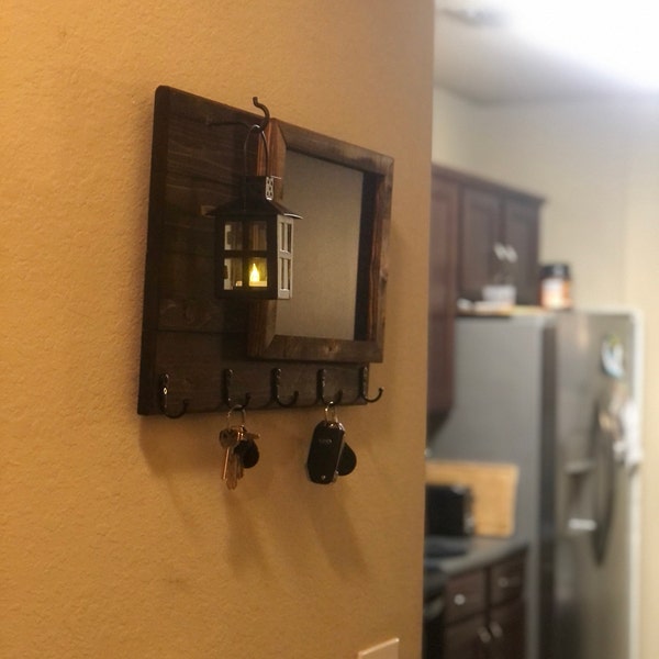 Rustic Wood Chalkboard Key Holder, Farmhouse Message Board With Lantern ...