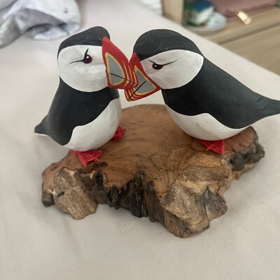 Hand Carved Wooden Puffin Figurines Coastal Decor Nautical Sculpture ...