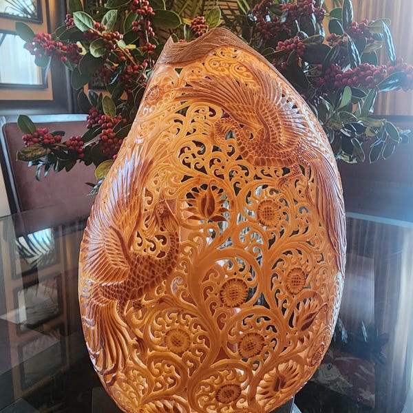 Natural Mussels Clam Shell Carving Phoenix Model on Stand Large Size ...