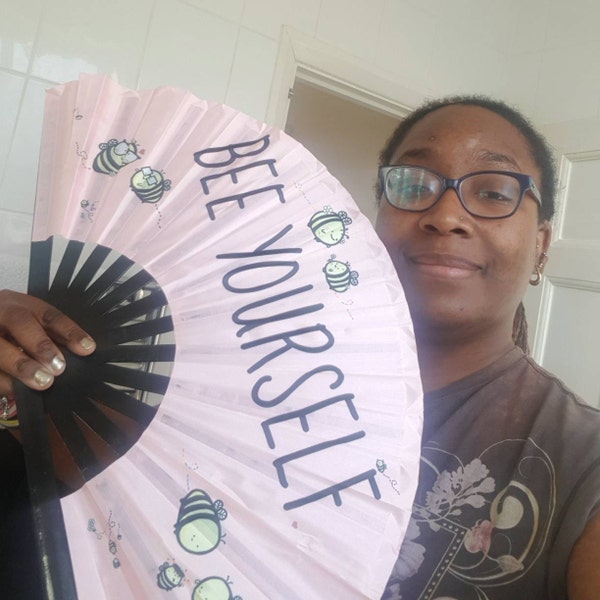 Hand Fan LARGE | Bumble Bee UV Fabric Hand Made - Rose Gold - Light ...