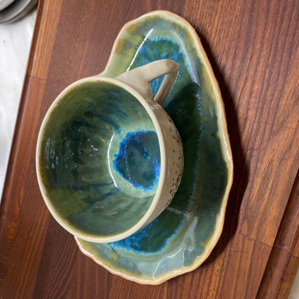 Green Rustic Tea Cup With Saucer Stoneware Cappuccino Cup Handmade ...