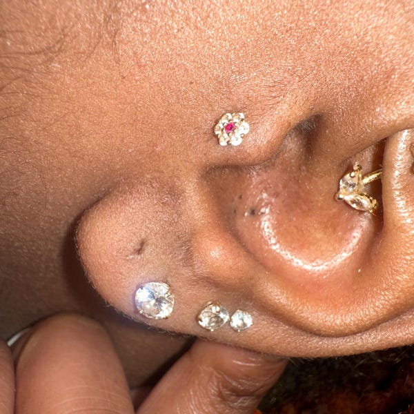 14K Gold Super Tiny Three Ball Cluster Bar Internally Threaded Ear ...