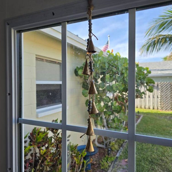 Bells on String With BLUE Ceramic Beads, Rustic Windchime, Vintage Cow ...