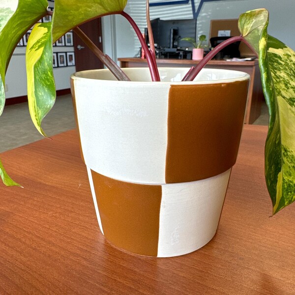 Checkerboard Pot Brown Retro Planter for Indoor Plants and Home Decor ...