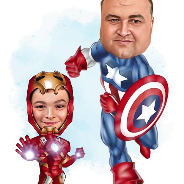 Custom Super Dad and Son Cartoon Portrait, Super Dad Portrait, Dad's ...