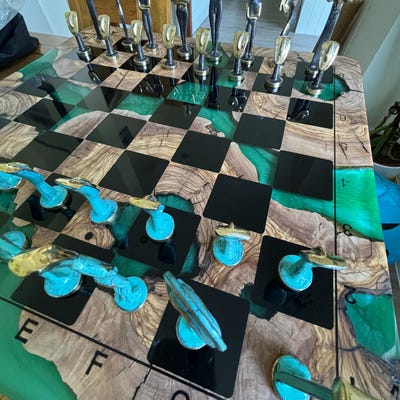 Olive Wood and Epoxy Chess Board, 20'' Round Resin Chess Set, Handmade ...