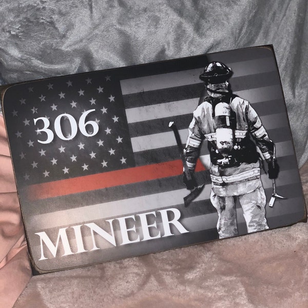 Firefighter With Flag Wood Name Sign, Red Line Firefighter Decor, Fire ...