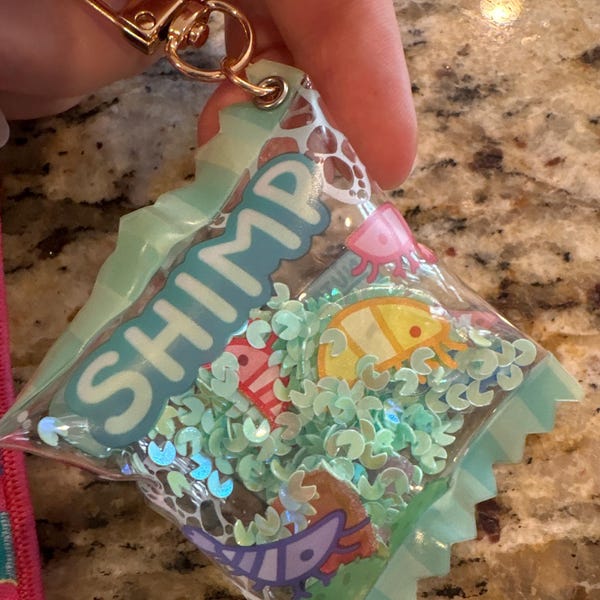 Shrimp Candy Bag Shaker Keychain Puffy Squishy PVC Charm Cute Ocean ...