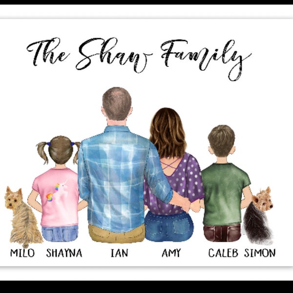 Personalized Family Portrait With Kids, Family Portrait With Pets Wall ...
