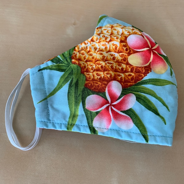 Face Masks 3 Layer Filter Aloha Print Blue Pineapple Pink Plumeria ...