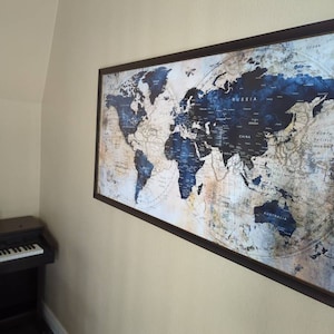 Large Navy Blue World Map Art Poster, Abstract Blue Push Pin Map ...
