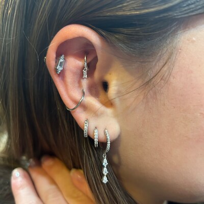 18G Tiny Diamond Baguette Rook Hoop Earring Tiny Gold Cartilage Hoop ...