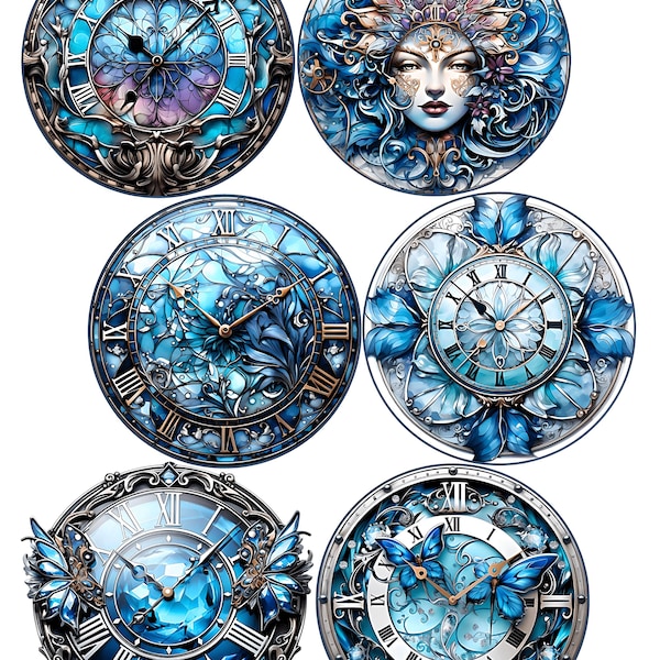 Blue Fairy Tale Clock Faces, 3,2 Inch Circles, Digital Collage Sheet ...