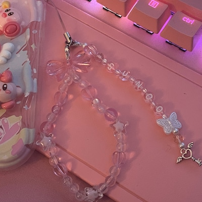 Pink Personlized Keychain Kpop Charm With White Beads, Kpop Bias Phone ...