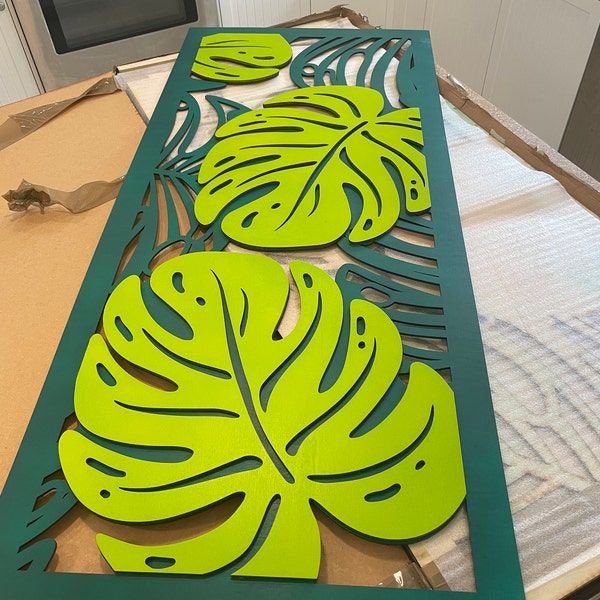 3D Large Set of 3 Panels, Monstera, Wood Wall Art Decor, Leaves, Screen ...