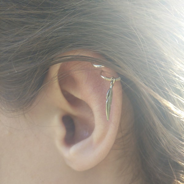 Feather Cartilage Hoop Earring, Feather Piercing Silver Hoop, Silver ...