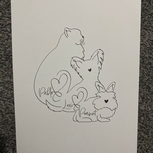 Personalised 3 Pet Digital Portrait 3 Dogs Together Line Art Drawing ...